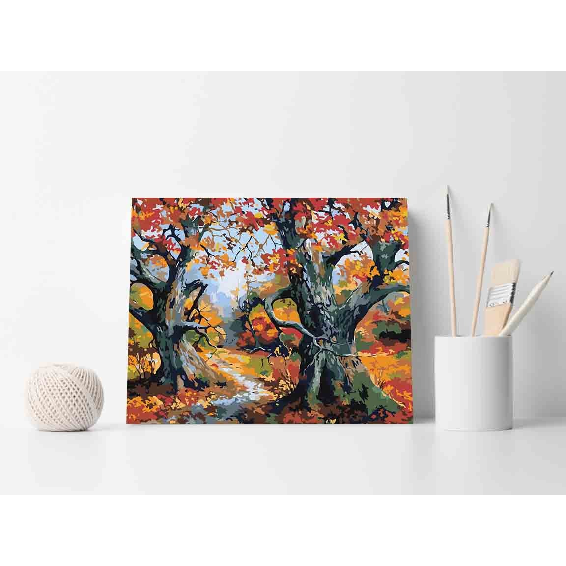 Set pictura pe numere Copaci de toamna 3135, panza bumbac pe rama lemn ...