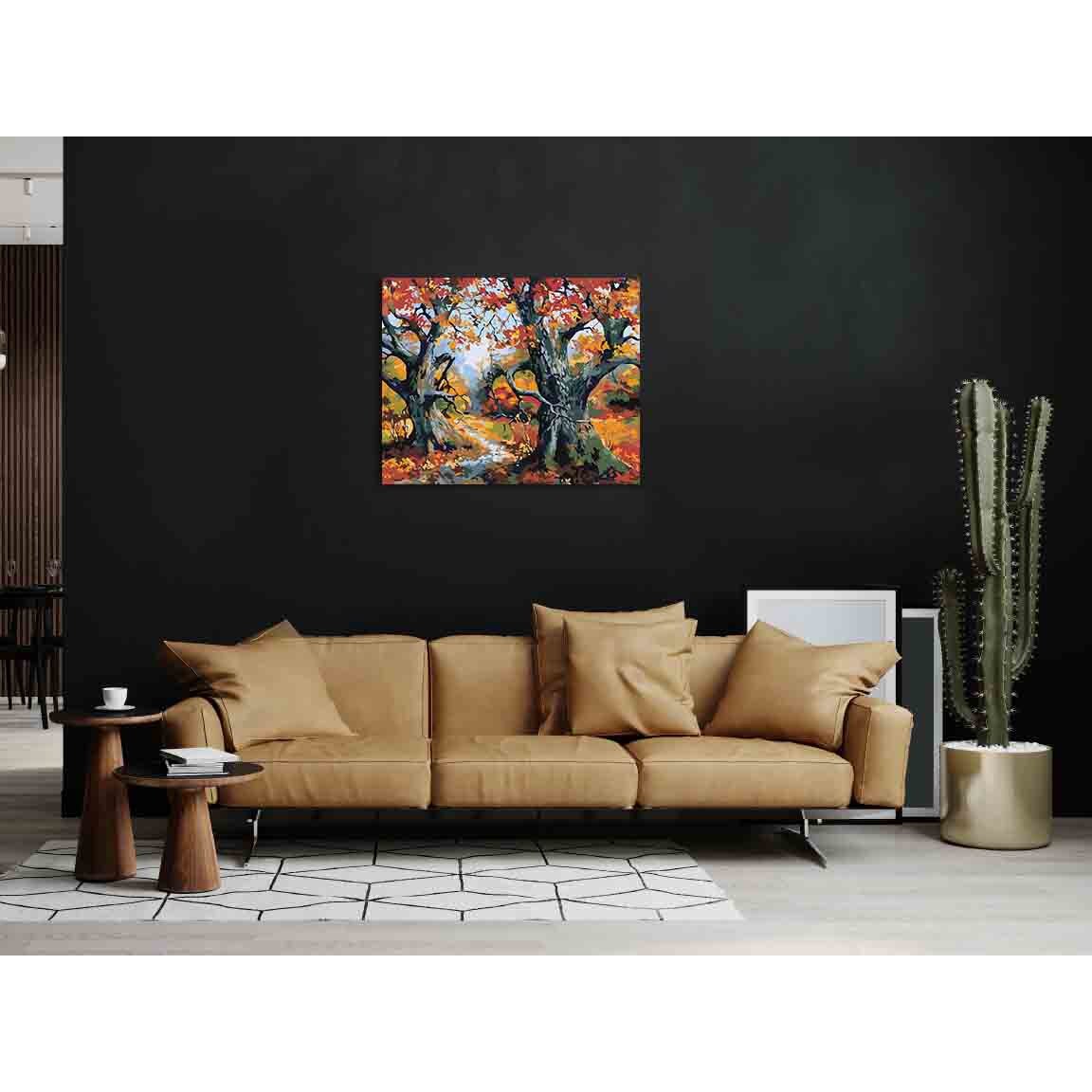 Set pictura pe numere Copaci de toamna 3135, panza bumbac pe rama lemn ...
