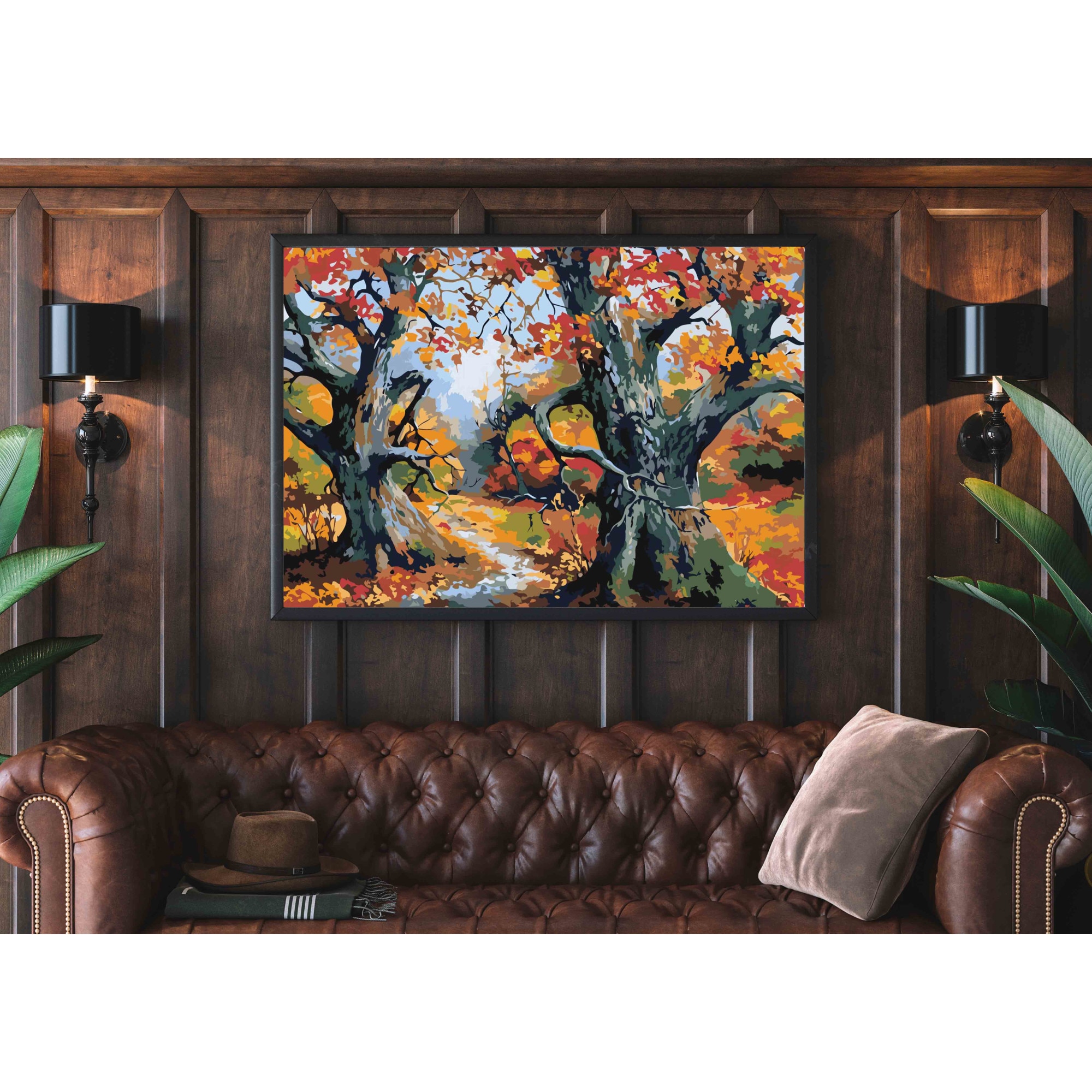 Set pictura pe numere Copaci de toamna 3135, panza bumbac pe rama lemn ...