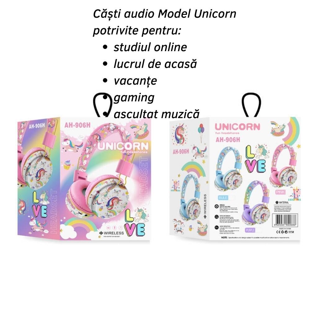 Casti Over Ear pentru copii, Model Unicorn, Wireless, Bluetooth 5.1 ...