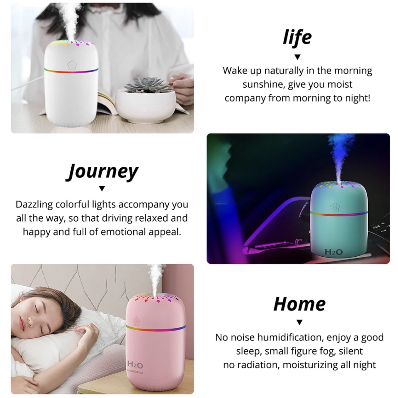 Aromaterápiás diffúzor, párásító, H2O, környezeti világítás, hordozható ...