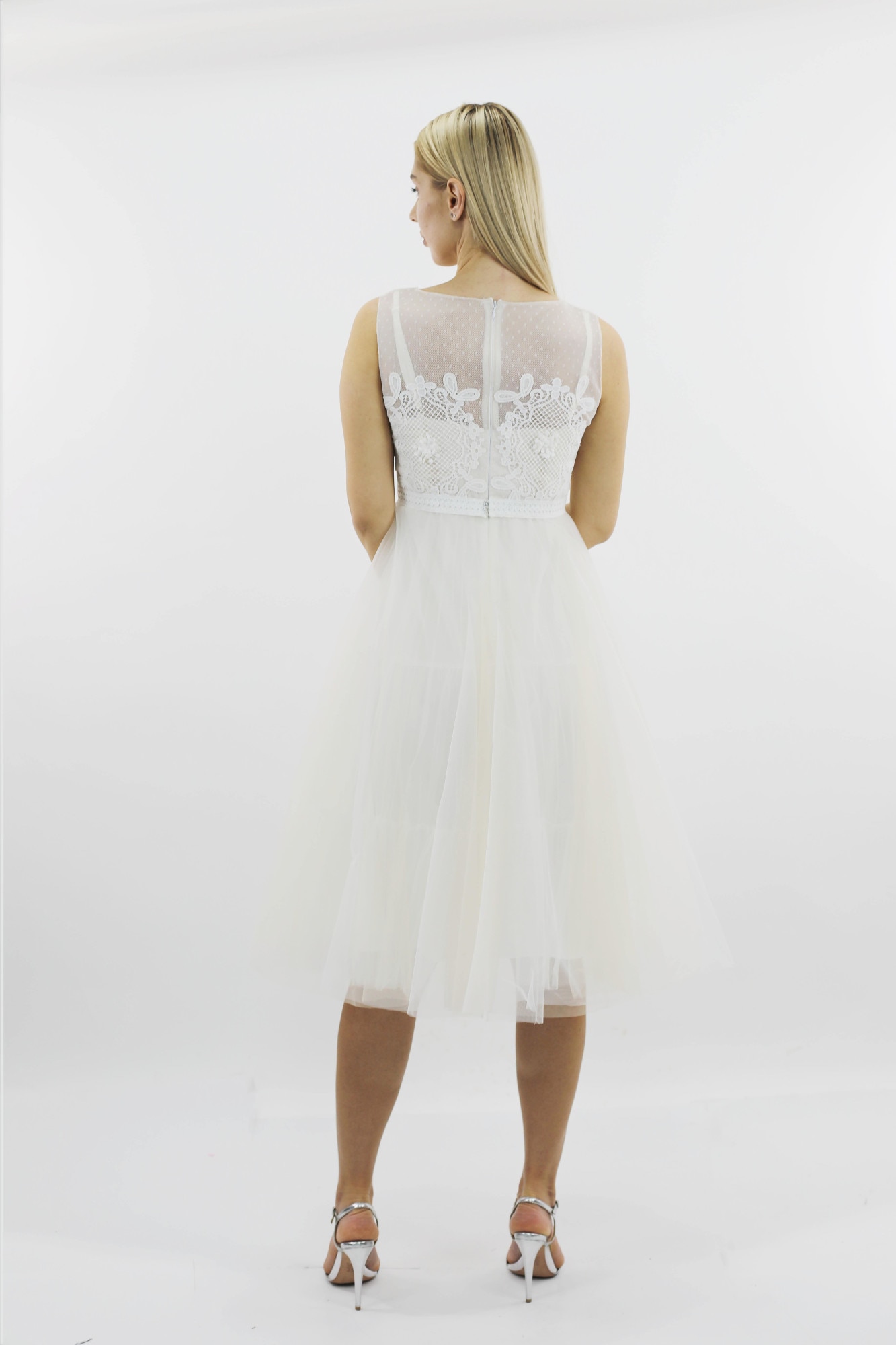 Rochie midi din tul alb si nude LIA - 44 - eMAG.ro