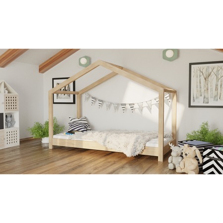 Pat pentru copii din lemn in forma de casa Kubi 140x80, lemn masiv de ...