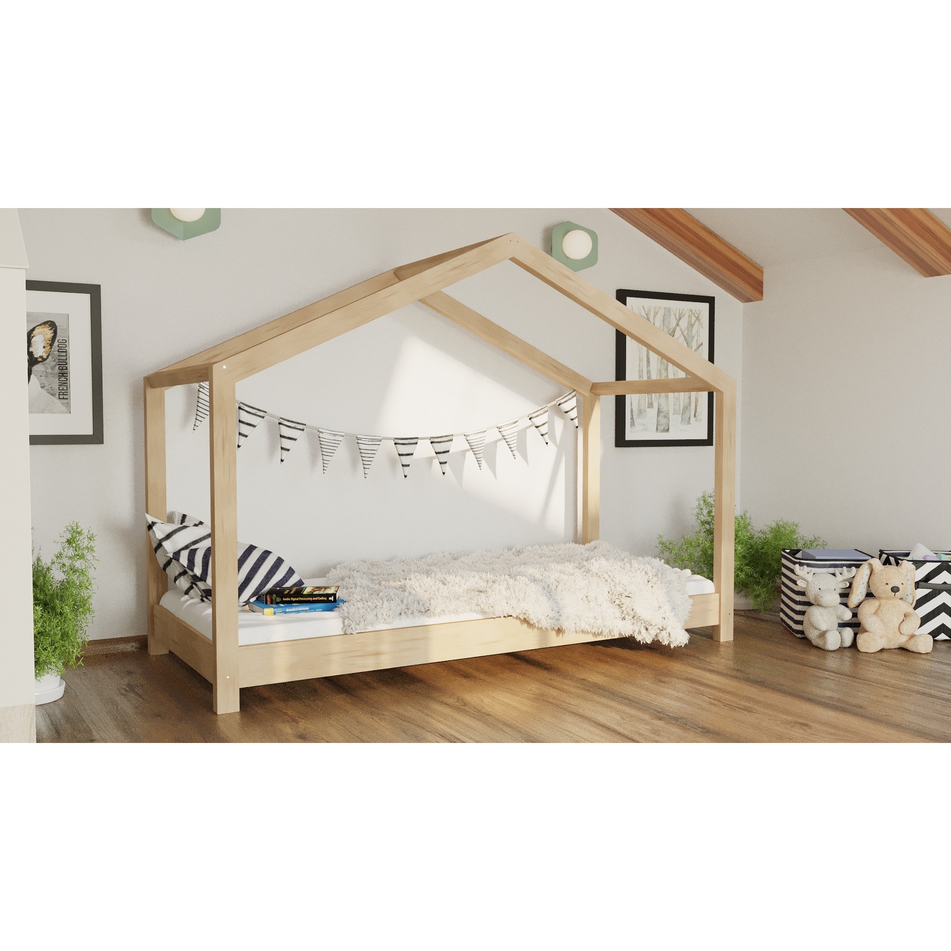 Pat pentru copii din lemn in forma de casa Kubi 140x80, lemn masiv de ...