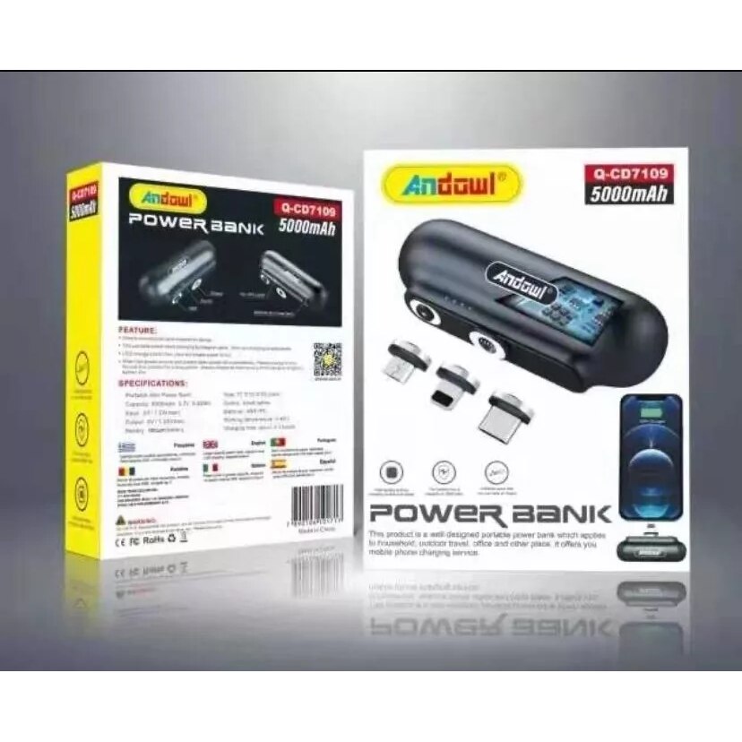 Baterie externa cu 3 capete, Andowl, Lighting, MicroUSB, USB-C, 2600 ...