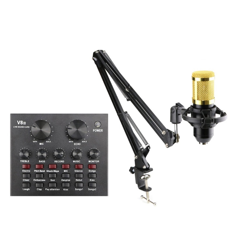 Microfon condensator profesional, Cu consola V8-CONT-SET, Negru/Auriu ...