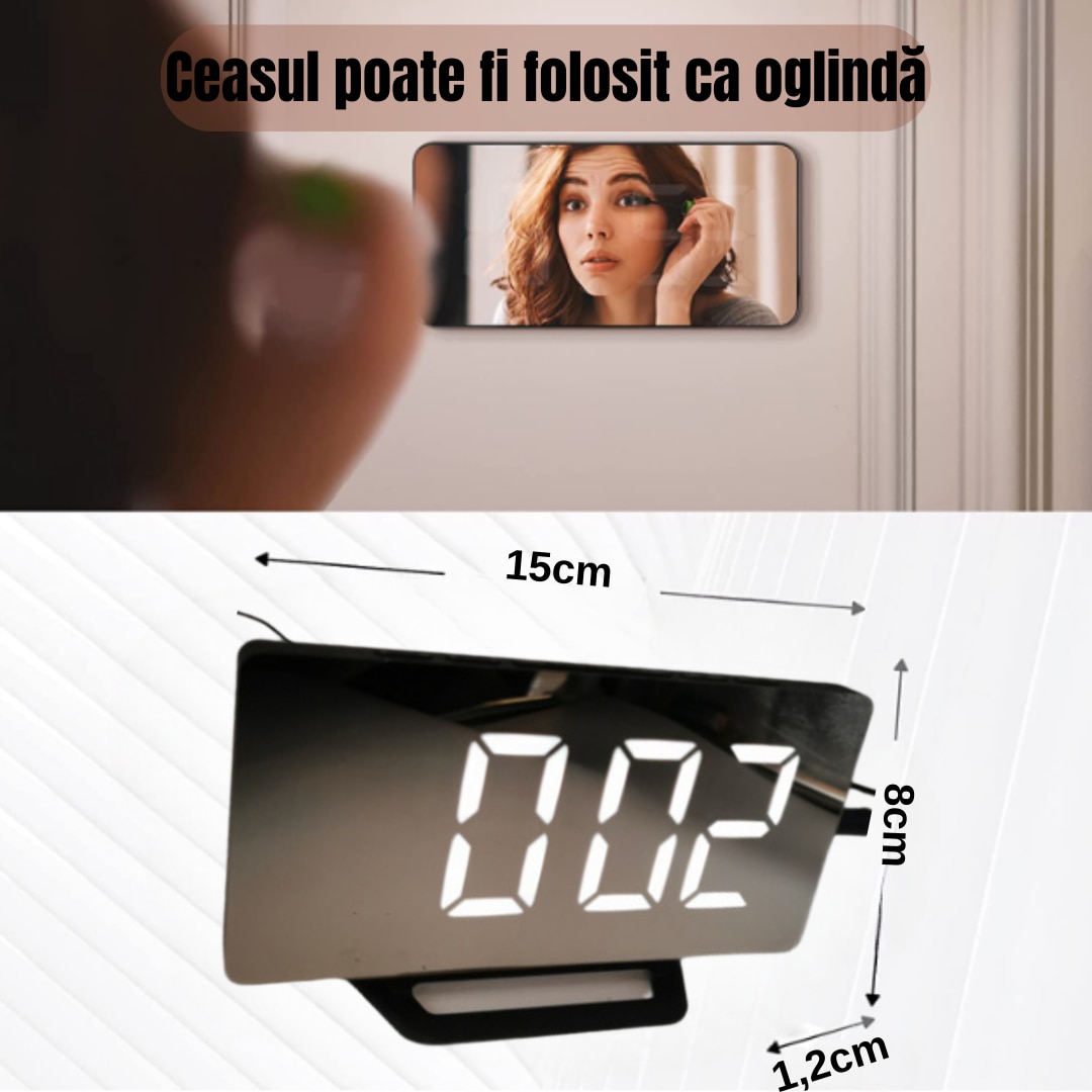 Ceas digital LED tip oglinda, reglabil, afisaj temperatura, alarma ...