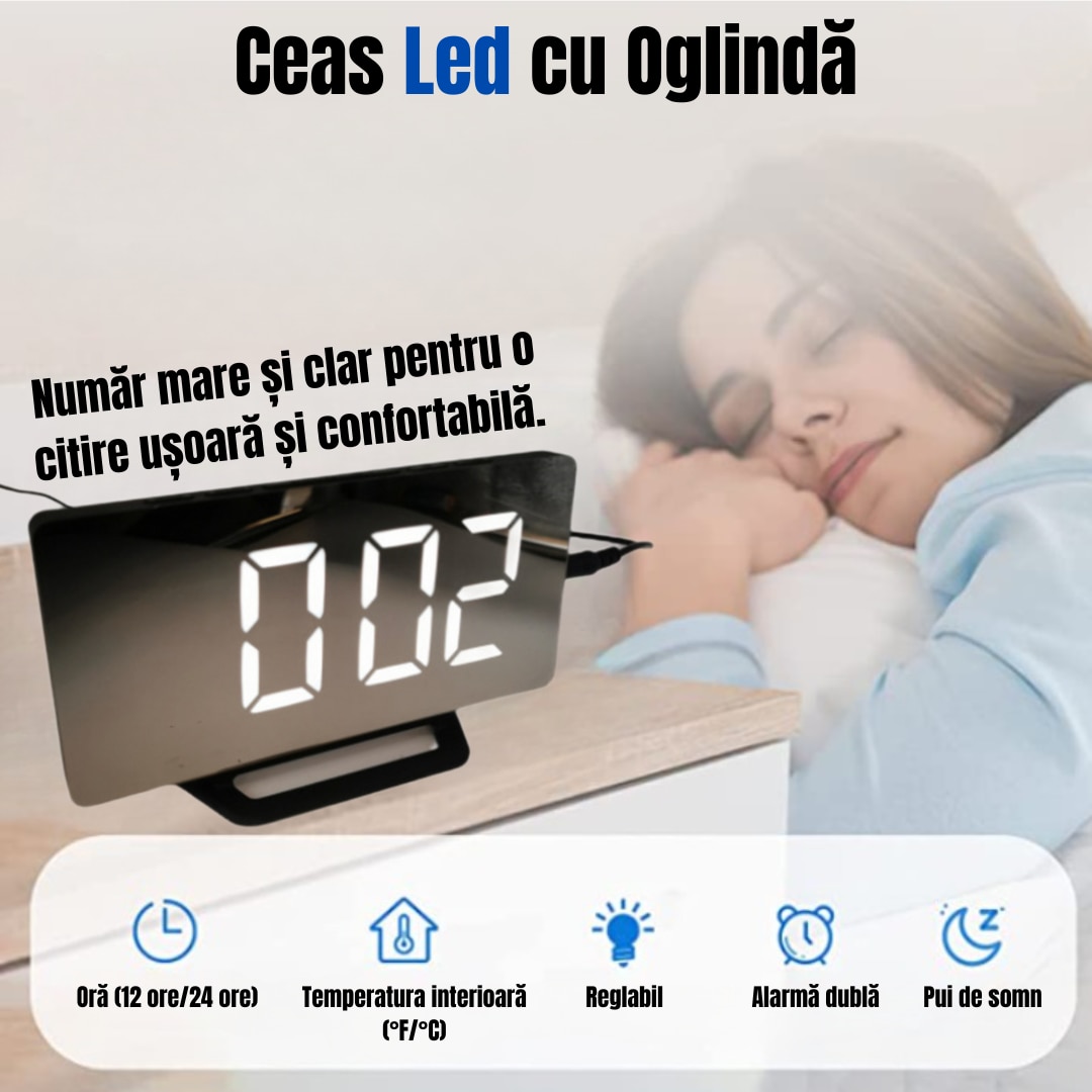 Ceas digital LED tip oglinda, reglabil, afisaj temperatura, alarma ...