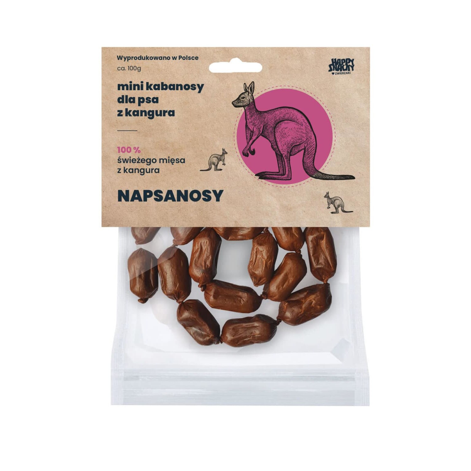 Gustare carnati pentru caini, HAPPY SNACKY, Aroma de cangur, 100 g ...