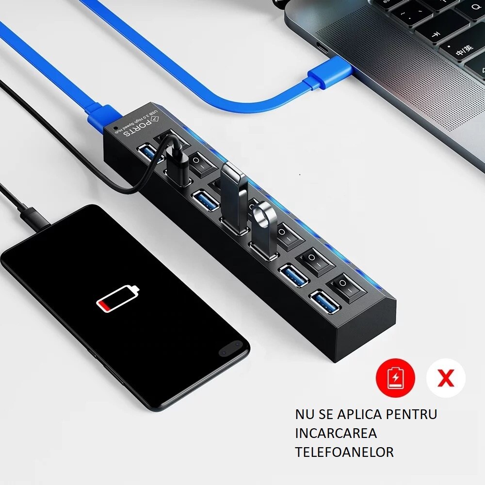 Usb 2 0 хъб със 7 порта индивидуални On Off бутони Led индикатор