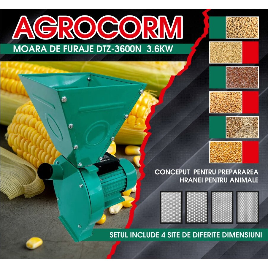 Moara de furaje, Agrocorm DTZ3600N, set 4 site, cos mare, 3,6Kw - eMAG.ro