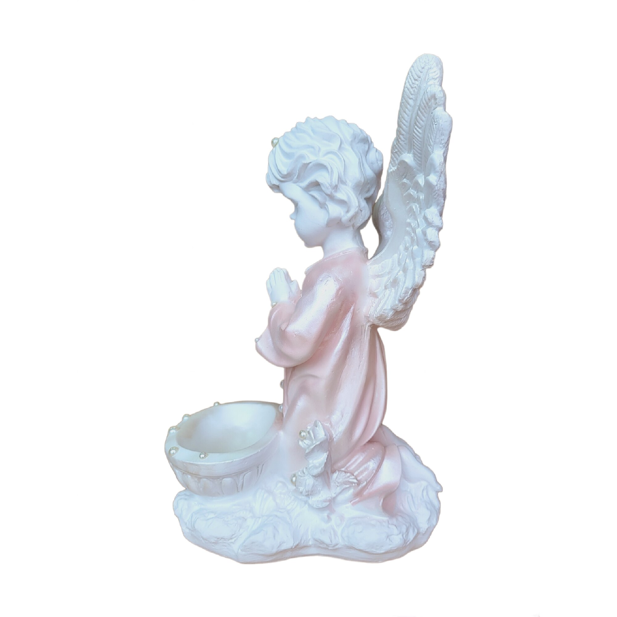 Statueta Inger cu suport pentru lumanare, alb/roz, realizata manual ...