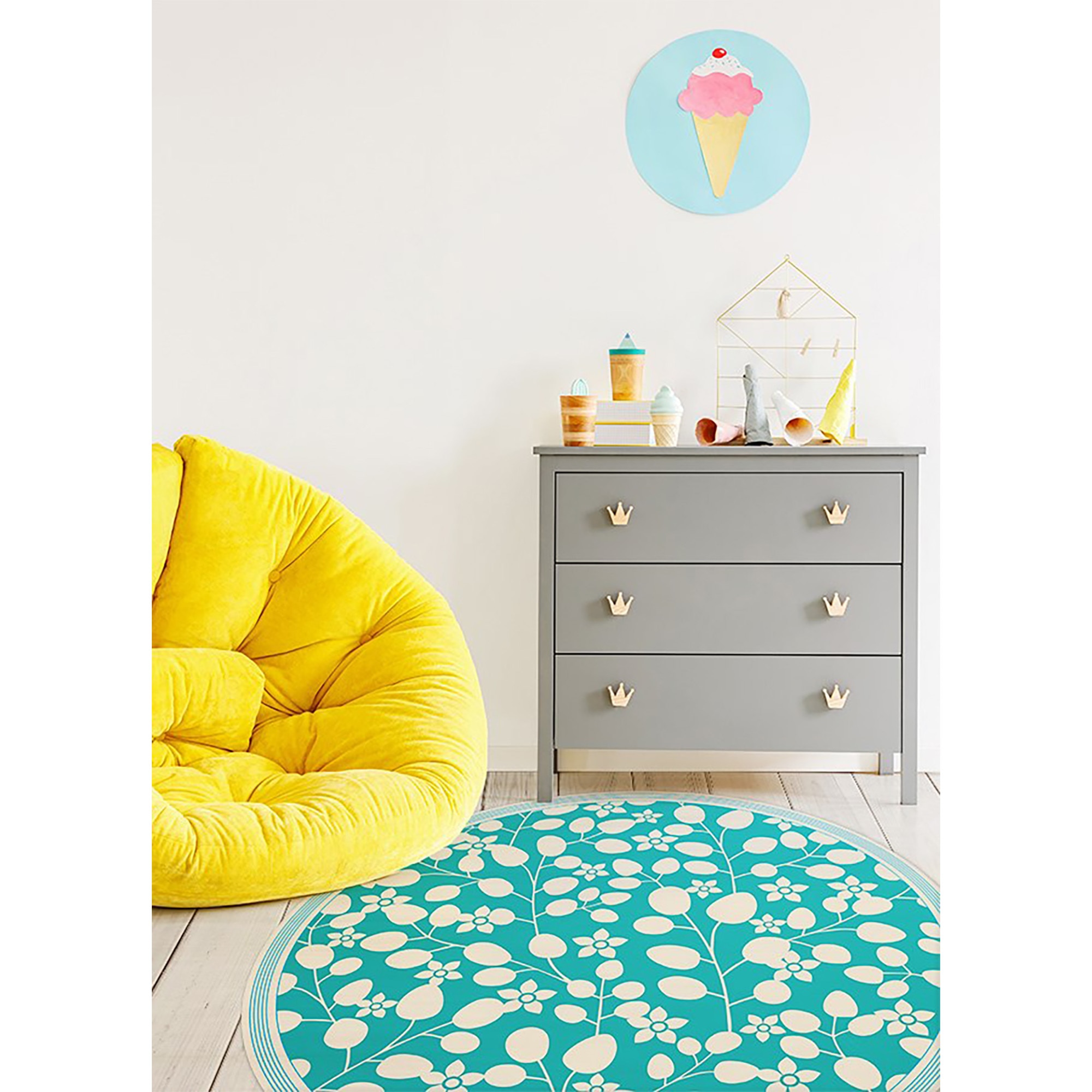 Covor de vinil, PVC, tulpini de flori, Albastru, Rotund Ø 90 cm ...