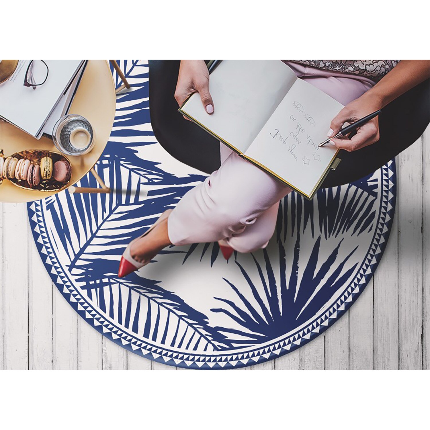 Covor de vinil, PVC, frunze exotice, Albastru, Rotund Ø 140 cm ...