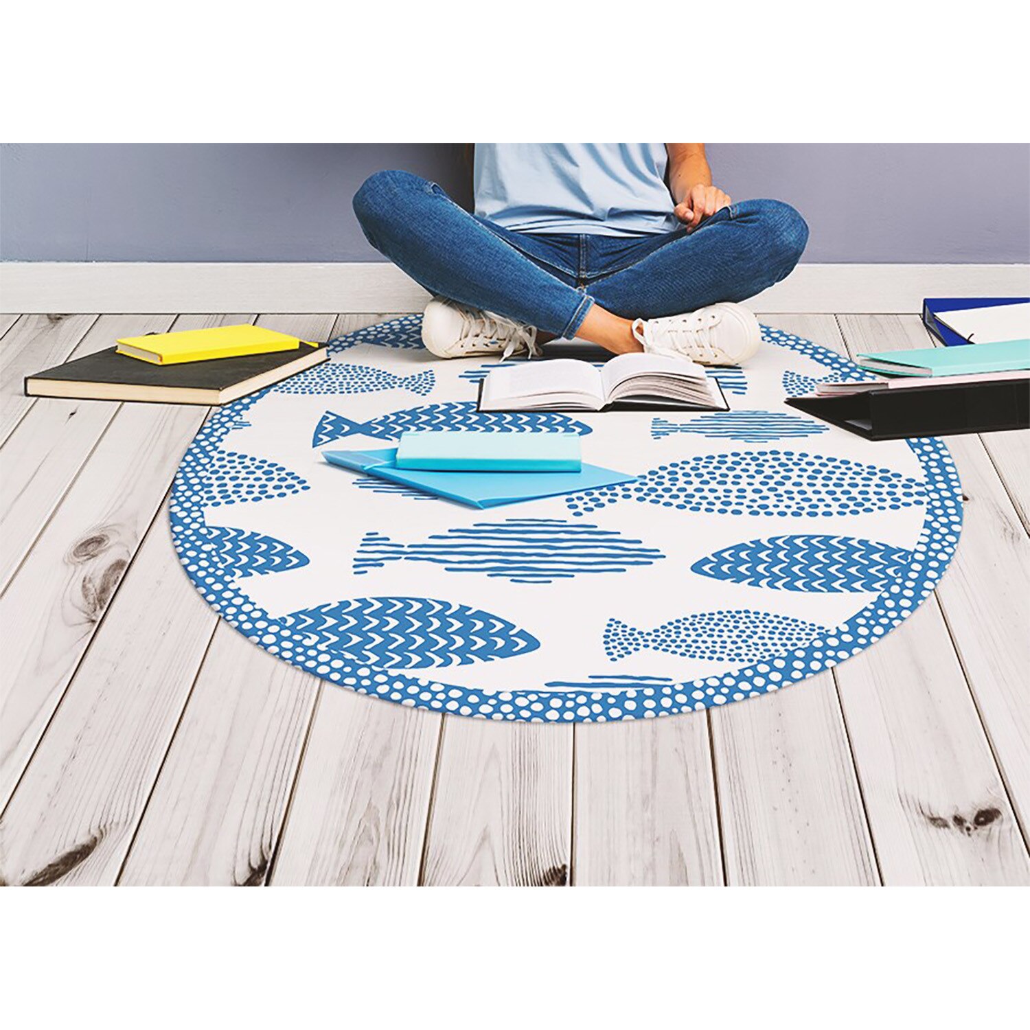 Covor de vinil, PVC, peste, Albastru, Rotund Ø 90 cm ...