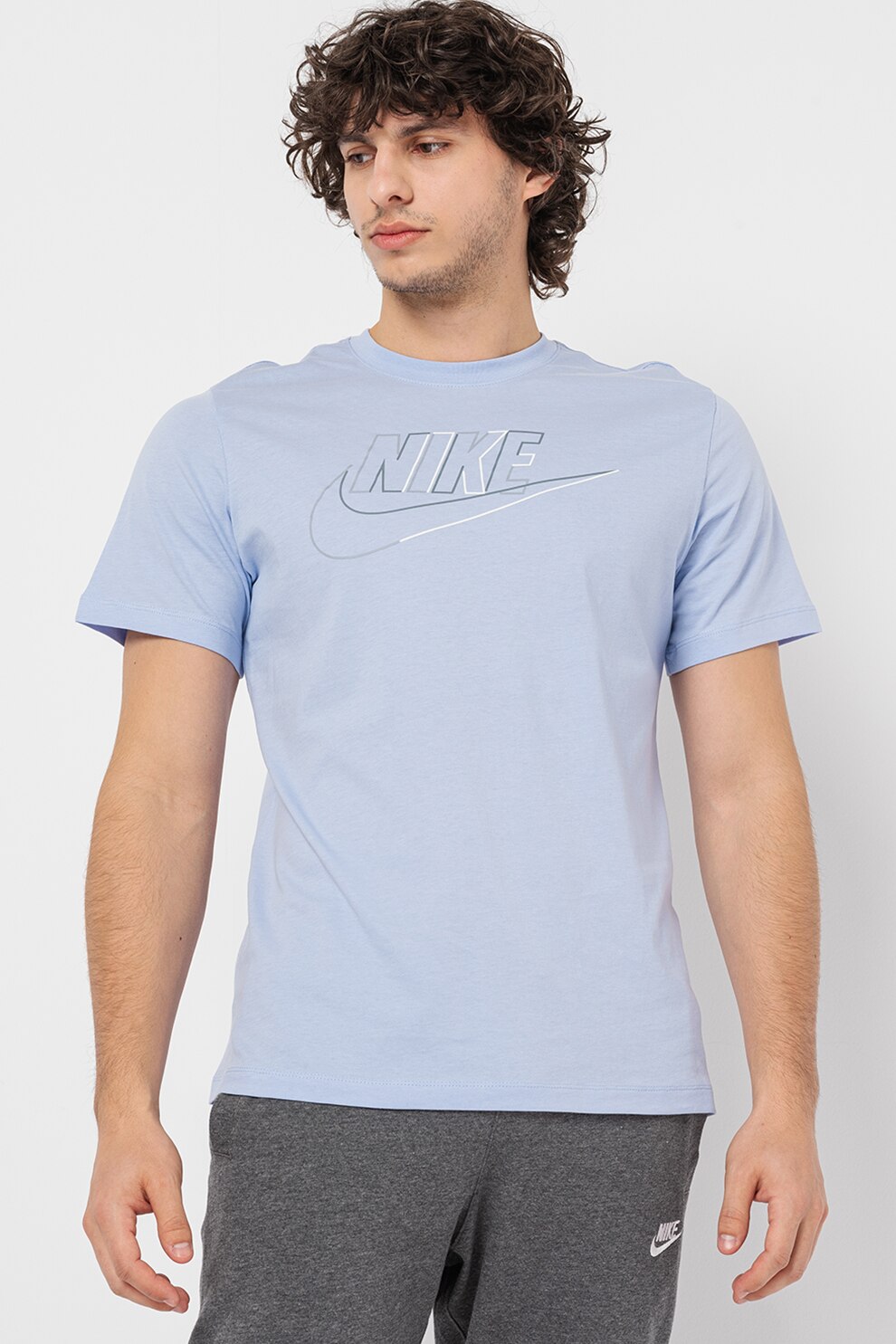 Nike, Памучна тениска Swoosh Sportswear с лого, Прашно синьо, M - eMAG.bg