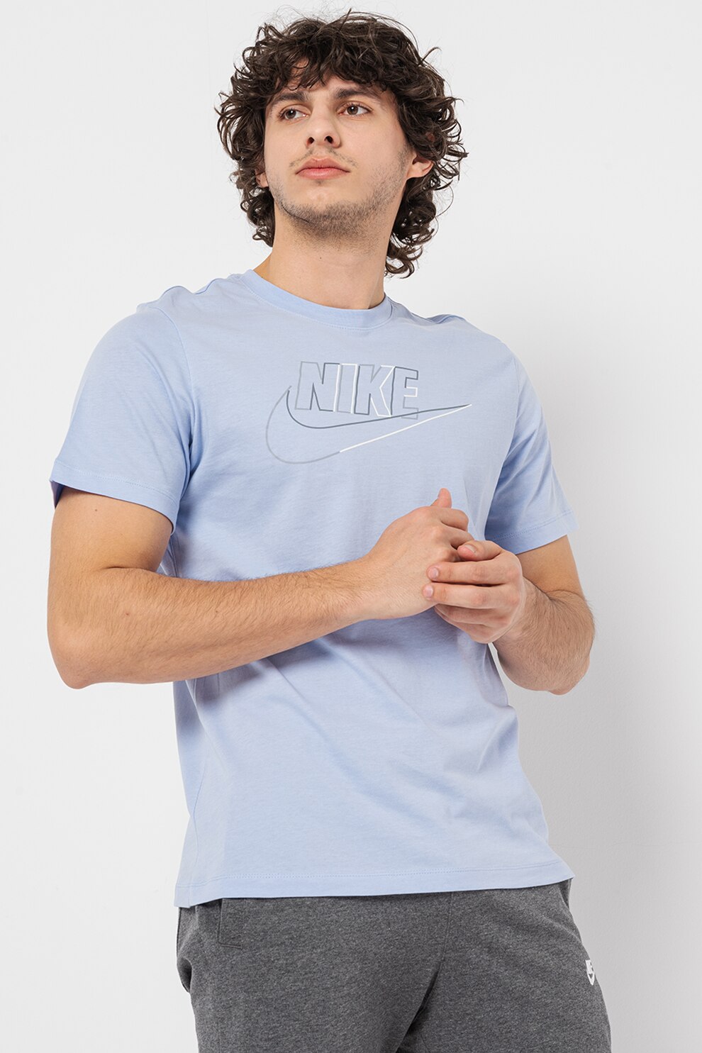 Nike, Памучна тениска Swoosh Sportswear с лого, Прашно синьо, M - eMAG.bg