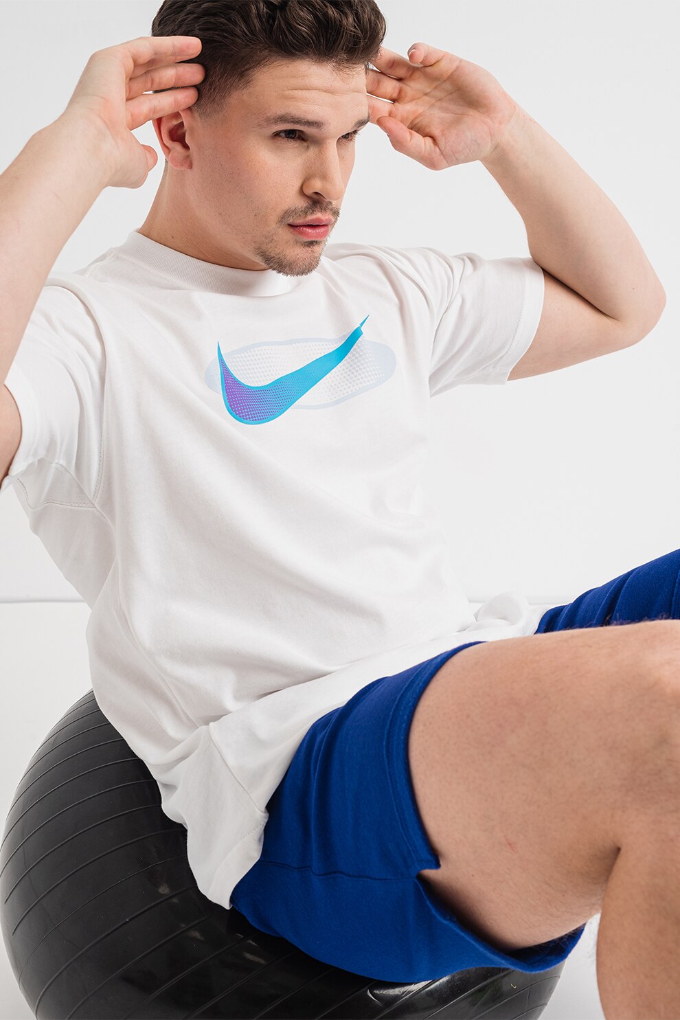 Nike, Tricou cu decolteu la baza gatului si imprimeu Retro Swoosh, Alb, Albastru, Albastru ...