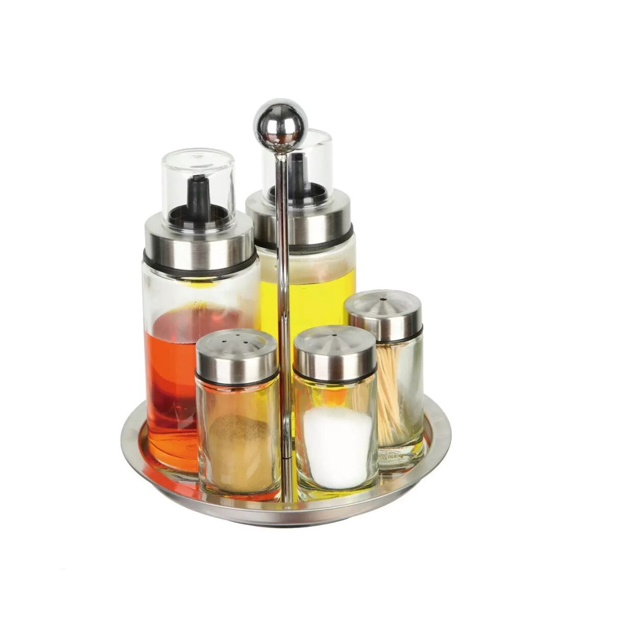 Set de 5 recipiente din sticla pentru condimente, ulei si otel ...