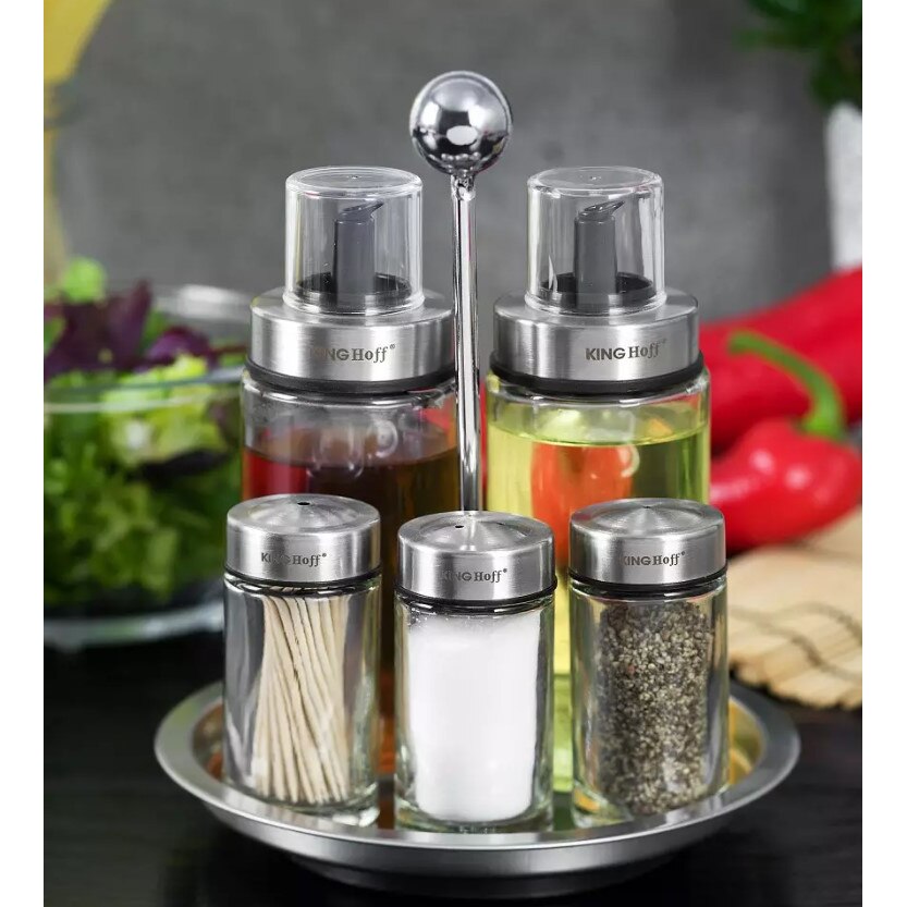 Set de 5 recipiente din sticla pentru condimente, ulei si otel ...
