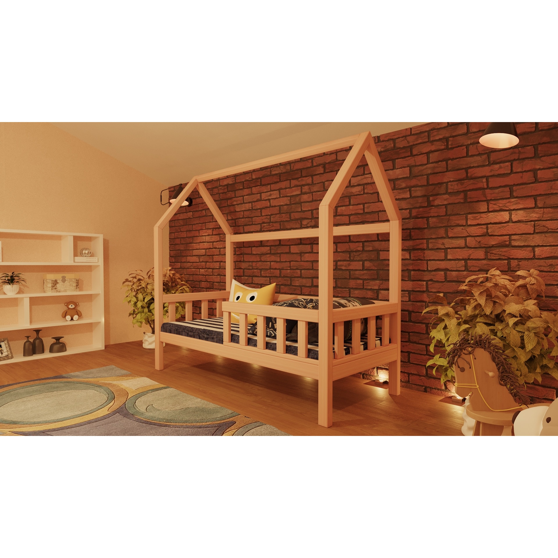 Pat casa Sona 140x80 cm in stil scandinav cu balustrade de protectie ...