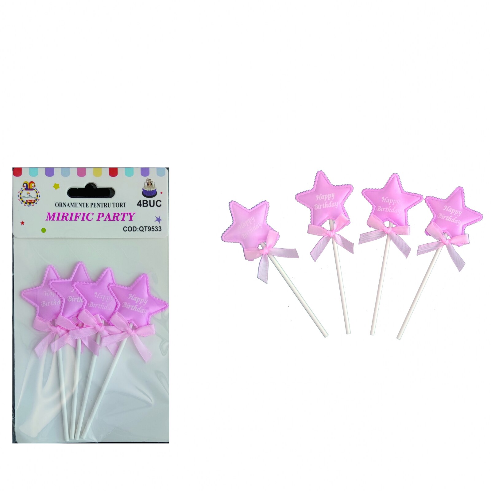 Set 4 decoratiuni pentru tort, Happy Birthday, din plastic, QT9533, roz ...
