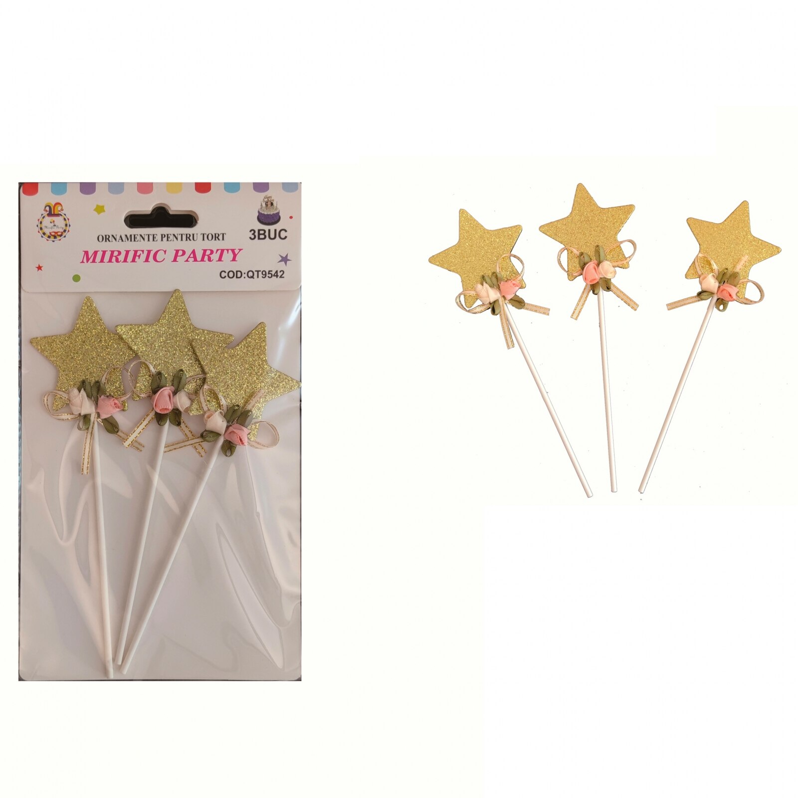 Set 3 decoratiuni pentru tort, stelute accesorizate cu flori, plastic ...