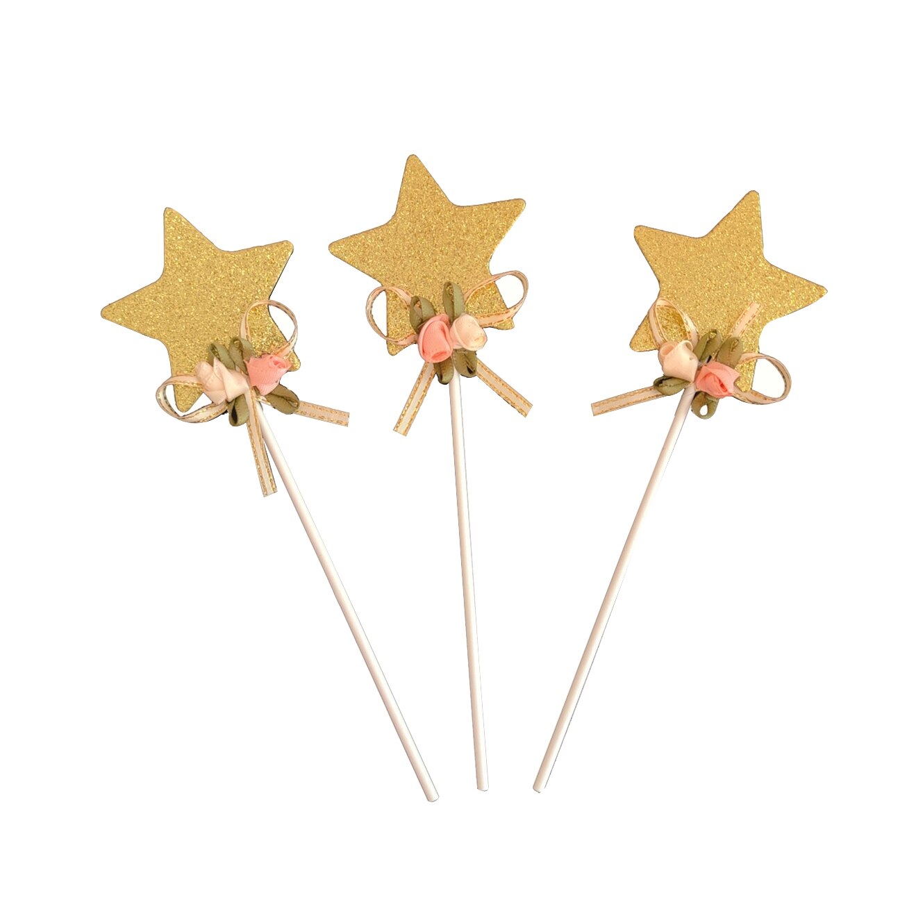 Set 3 decoratiuni pentru tort, stelute accesorizate cu flori, plastic ...