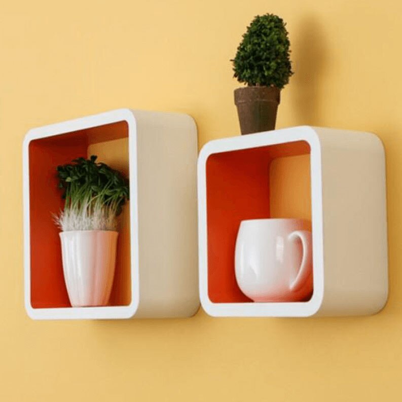 Set 2 cuburi perete colorate, 26/20x26/20x10 cm MDF Alb/Portocaliu ...