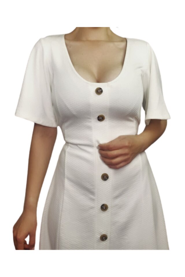 Rochie casual eleganta, alba, cu decolteu pe rotund, nasturi pe mijloc ...