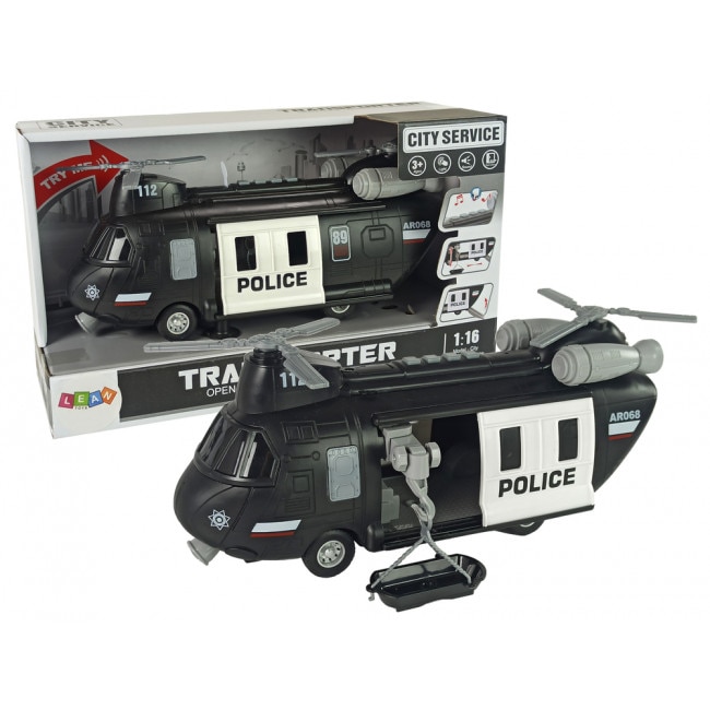 Elicopter de politie, LeanToys, 1:16, 3 ani+, 26 x 9 x 13 cm, Negru ...