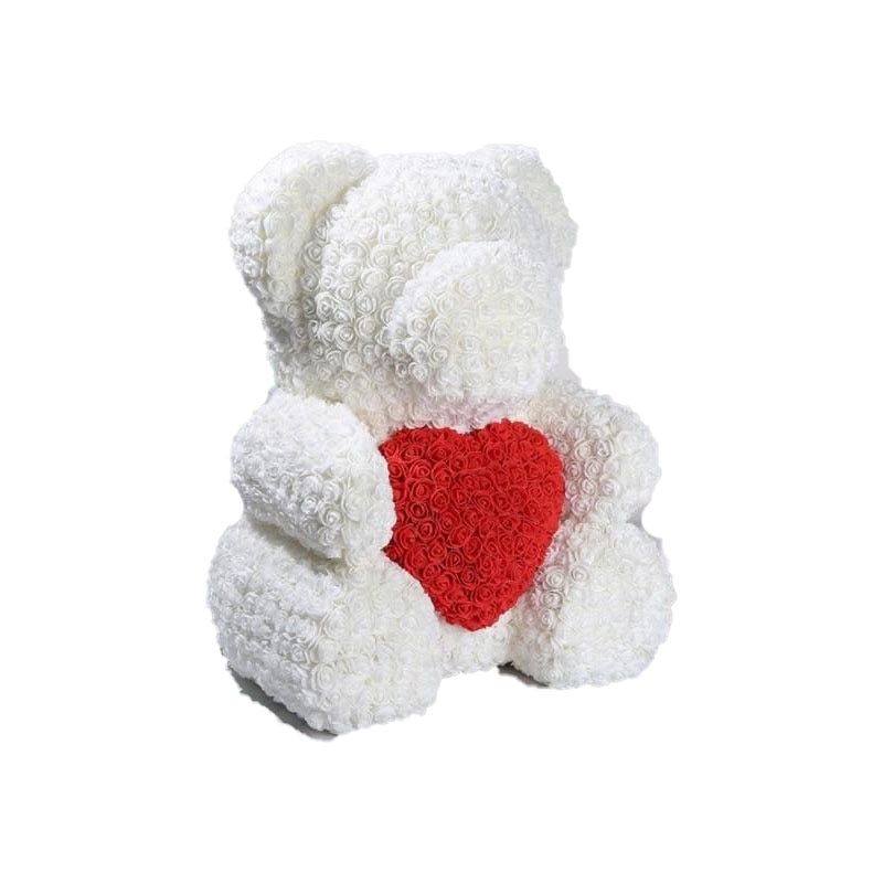 Ursulet cu inima din trandafiri de spuma, 70cm, cutia inclusa, alb ...