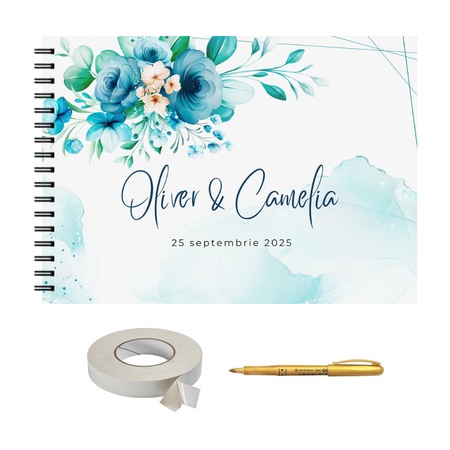 Set Album foto / GuestBook pentru nunta, cu flori, A4 landscape, pix si ...