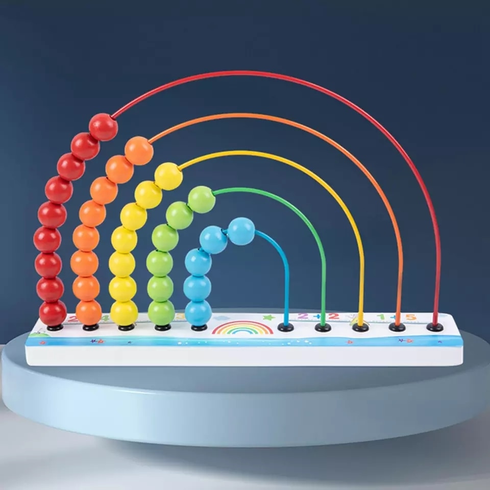 Numaratoare Curcubeu din lemn, Abac cu bile colorate, multicolor ...