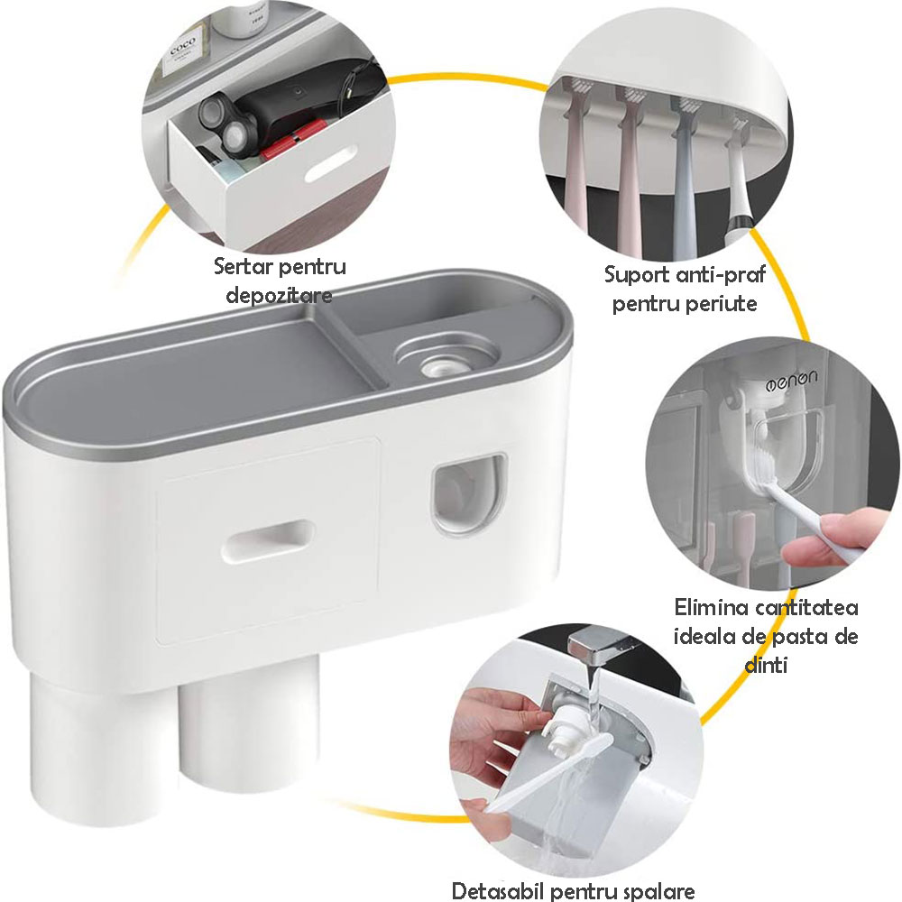 Dispenser Pasta de Dinti SIKS, cu Doua Pahare Magnetice Incluse, Suport ...