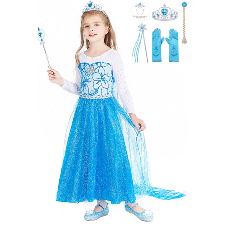 Rochie de printesa Frozen Elsa cu coroana, Sceptru, Peruca si manusi ...