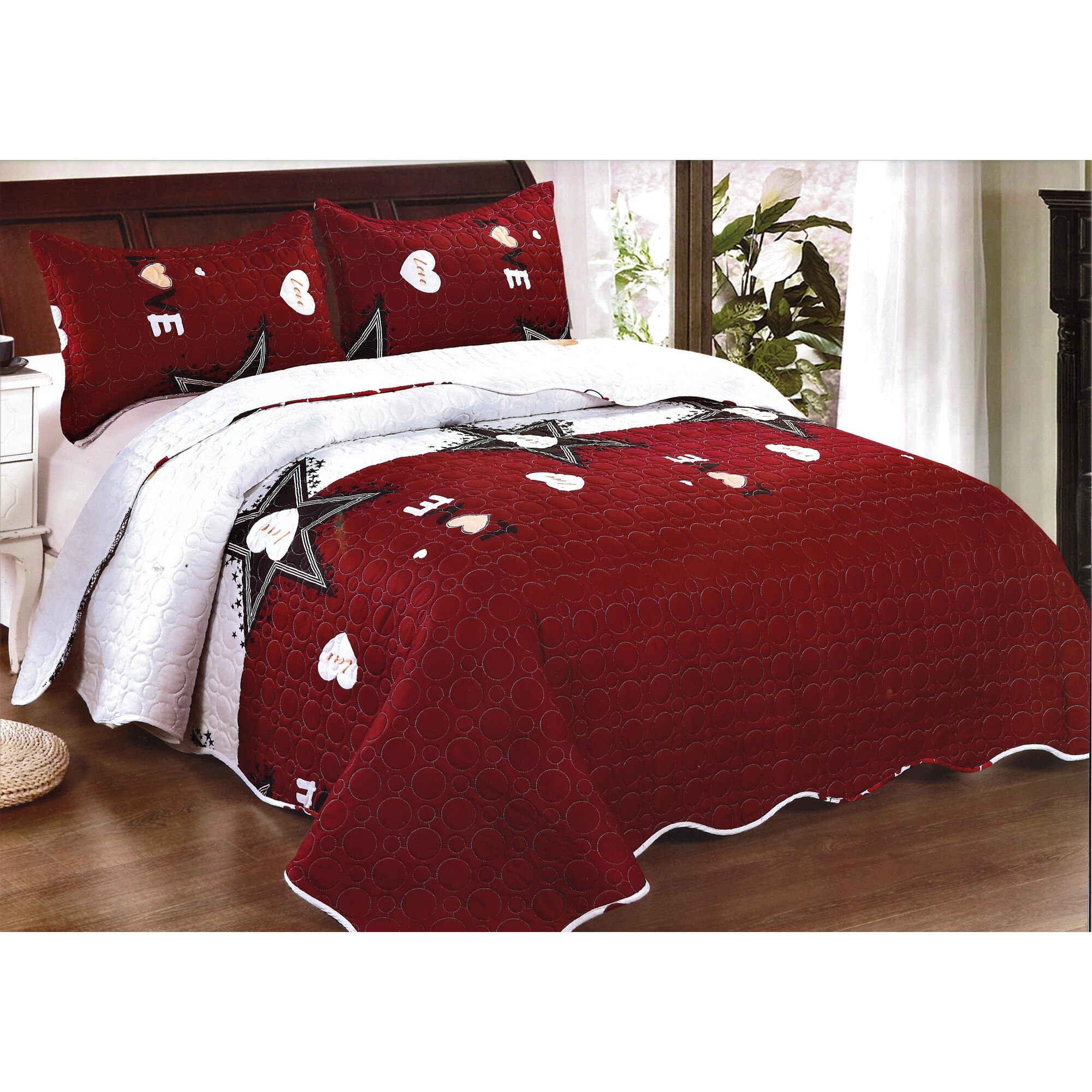 Set cuvertura pentru pat, 3 piese, 220cmx240cm, culoare Visiniu - C04 ...