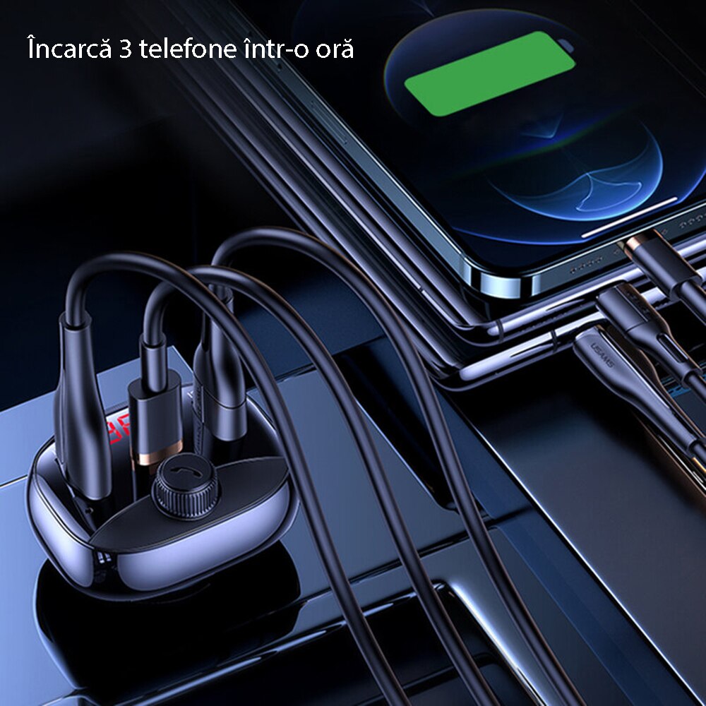 Incarcator Auto cu Modulator FM 2xUSB, Type-C 50W, E233, Black - eMAG.ro