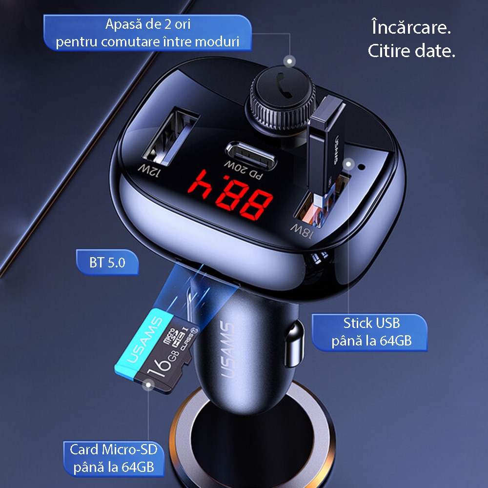 Incarcator Auto cu Modulator FM 2xUSB, Type-C 50W, E233, Black - eMAG.ro