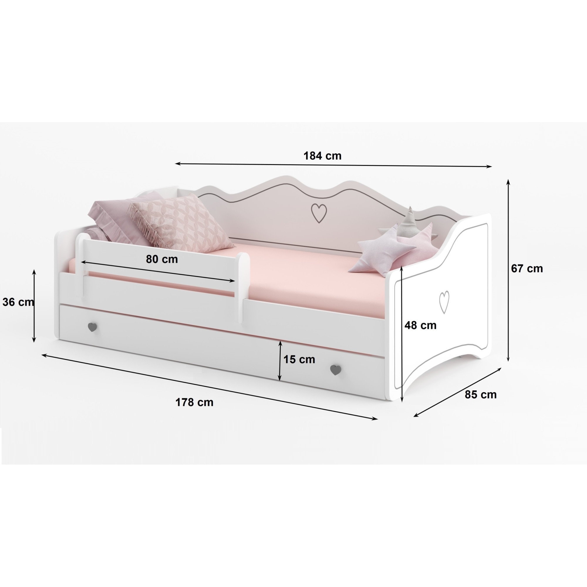 Pat pentru copii Emma 180x80 alb cu sertar, balustrada, saltea si cadru ...