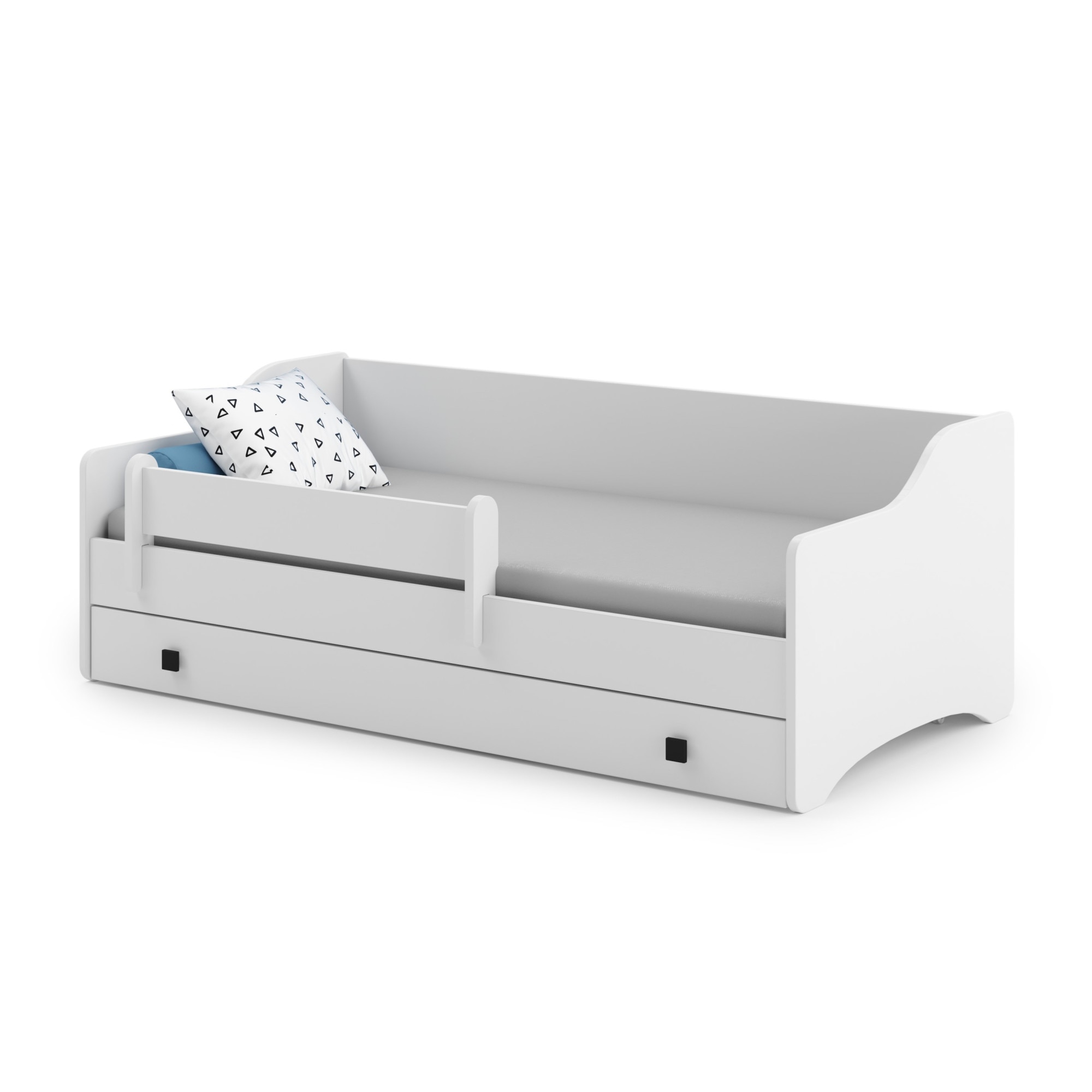 Pat pentru copii Eryk 180x80 alb cu sertar, balustrada, saltea si cadru ...