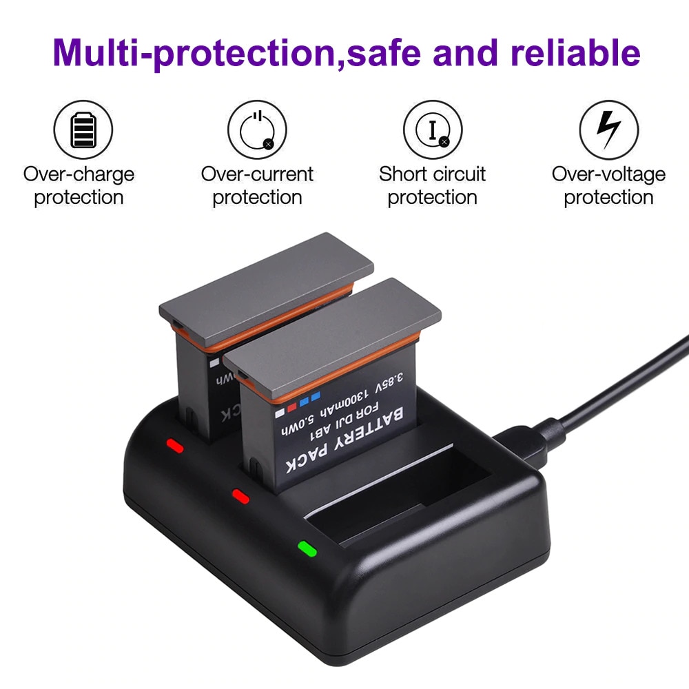 Set 2 acumulatori AB1 si incarcator triplu camera video de actiune DJI ...