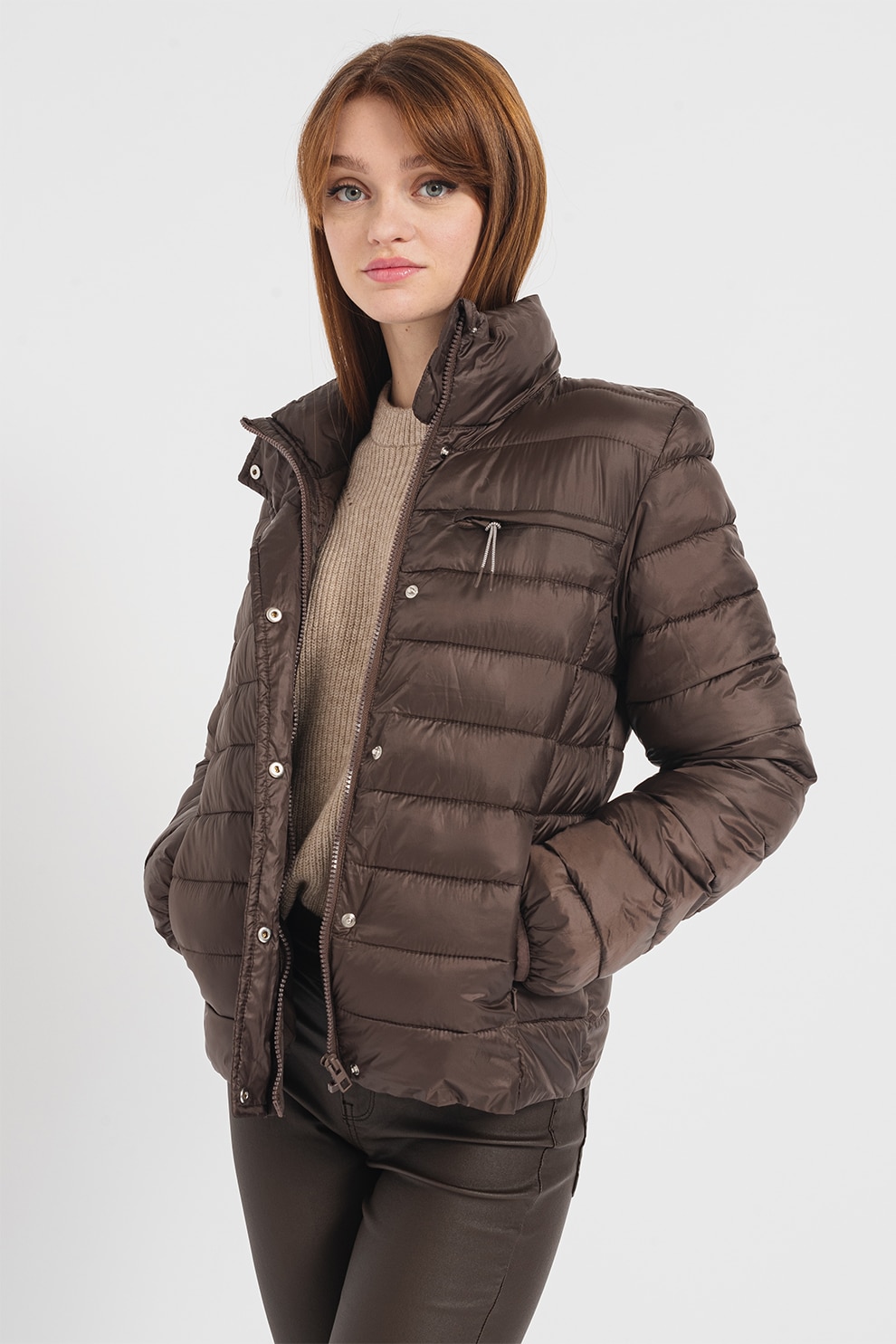 JdY, Geaca matlasata cu guler scurt, Maro, L - eMAG.ro