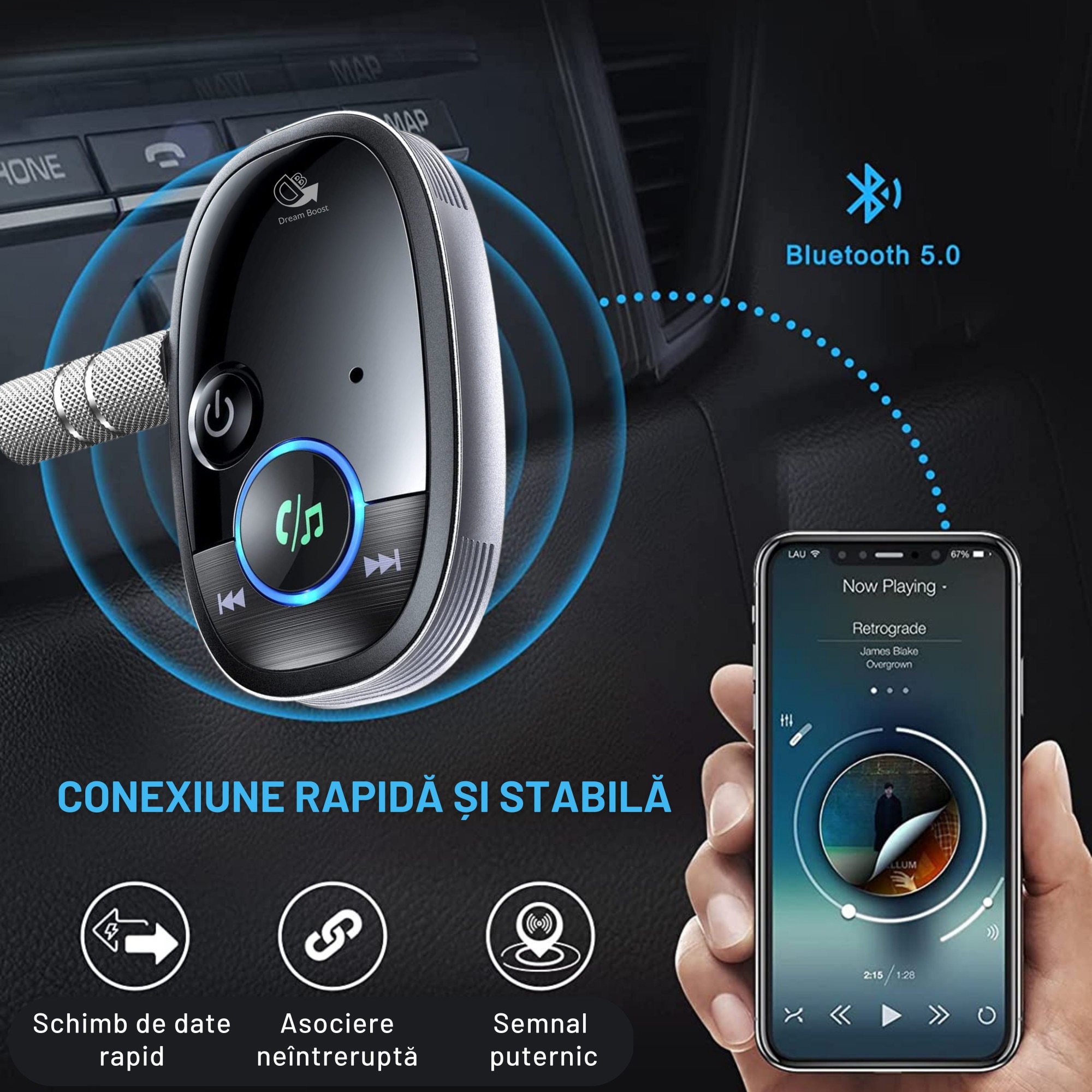 Adaptor Bluetooth 5.0 Dream Boost®, Receiver Audio cu Port AUX 3.5 mm ...