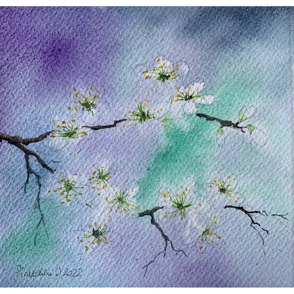 Pictura in acuarela, Mar inflorit, tablou pictat manual, dimensiune 20 ...