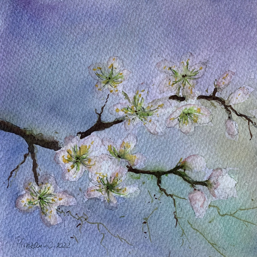 Pictura in acuarela, Flori de caisi- tablou pictat manual, dimensiune ...