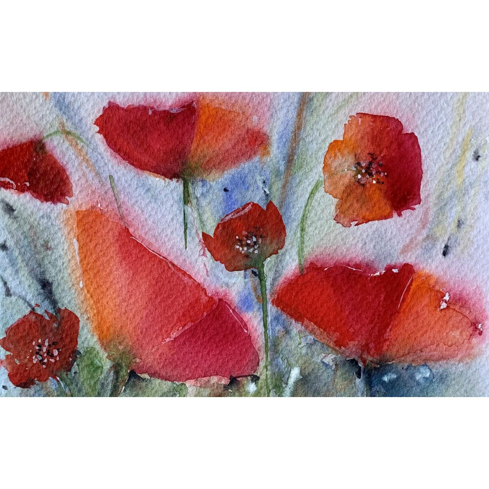 Pictura in acuarela, Primavara cu maci – tablou pictat manual ...