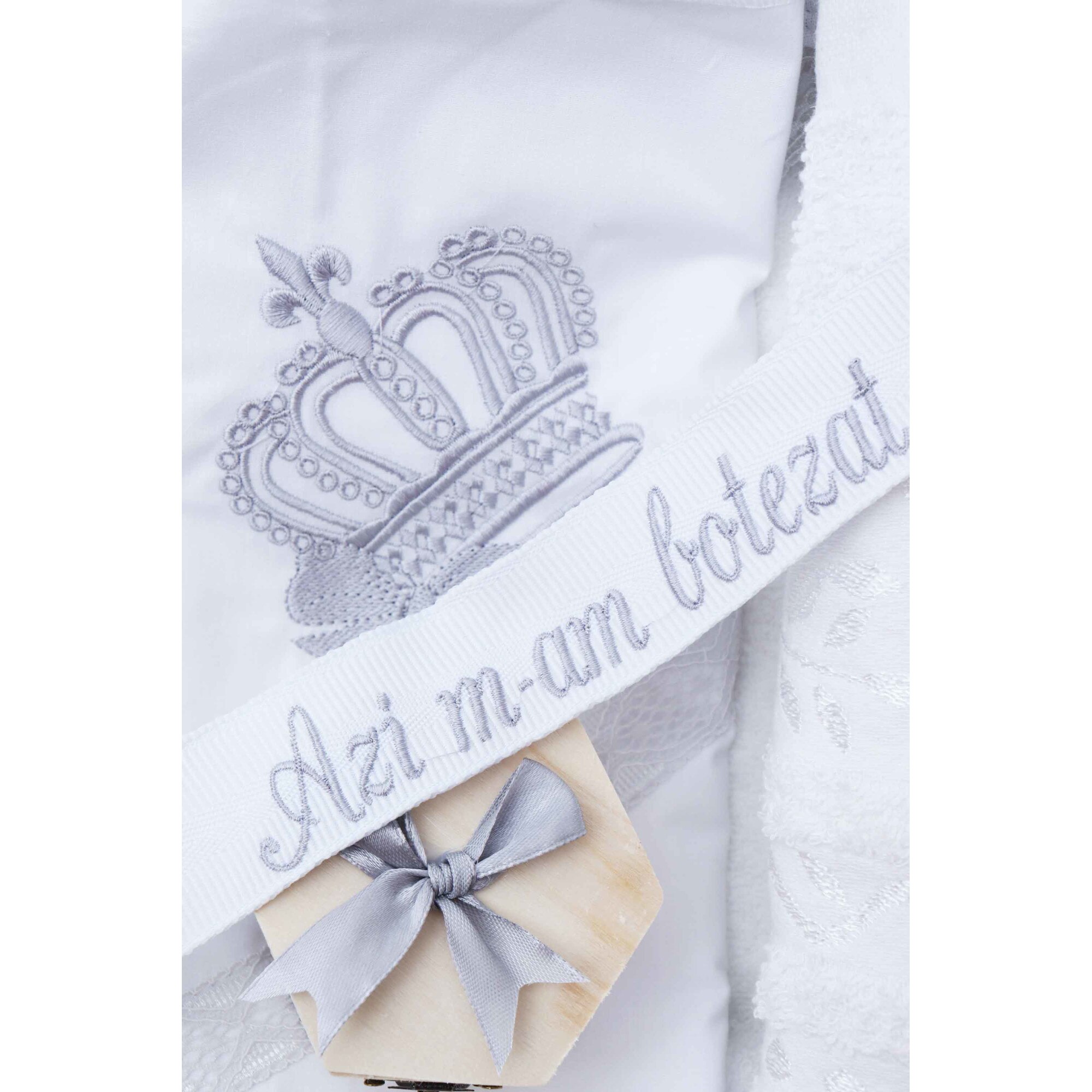 Trusou brodat cu coroana de print pentru botez, 7 piese, gri, Recostore ...