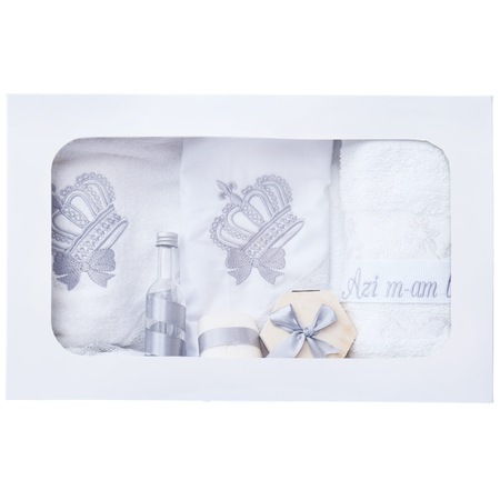 Trusou brodat cu coroana de print pentru botez, 7 piese, gri, Recostore ...