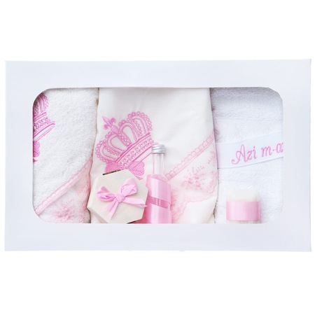 Trusou brodat cu coroana de print pentru botez de fete, 7 piese, roz ...